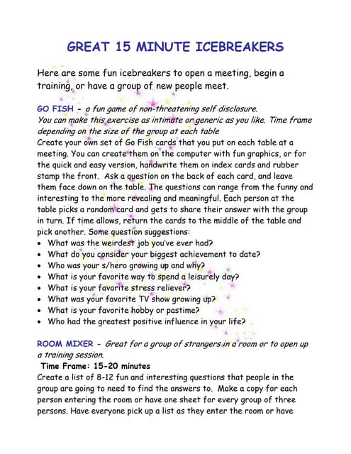 My Top 21 Icebreakers and Meeting exercises | PDF