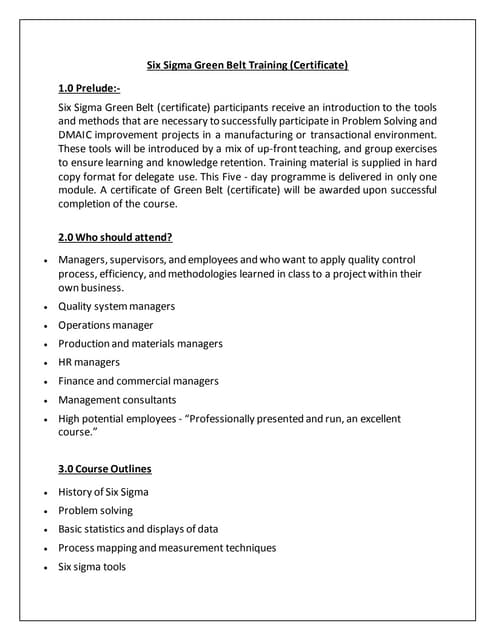 Lean Six Sigma Green Belt Outline | PPT