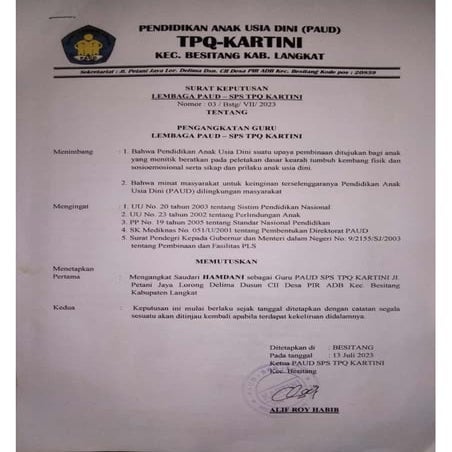 CONTOH SK PENDIDIKAN ANAK USIA DINI ( PAUD) | PDF