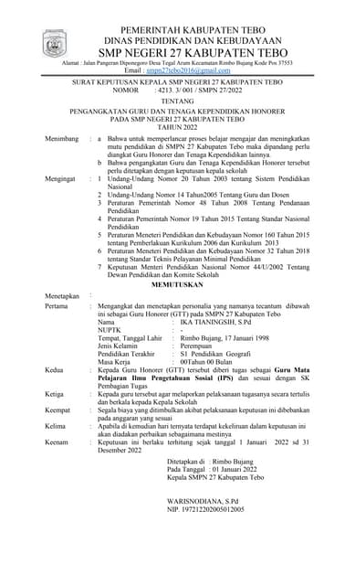 Contoh sk guru honor | DOC