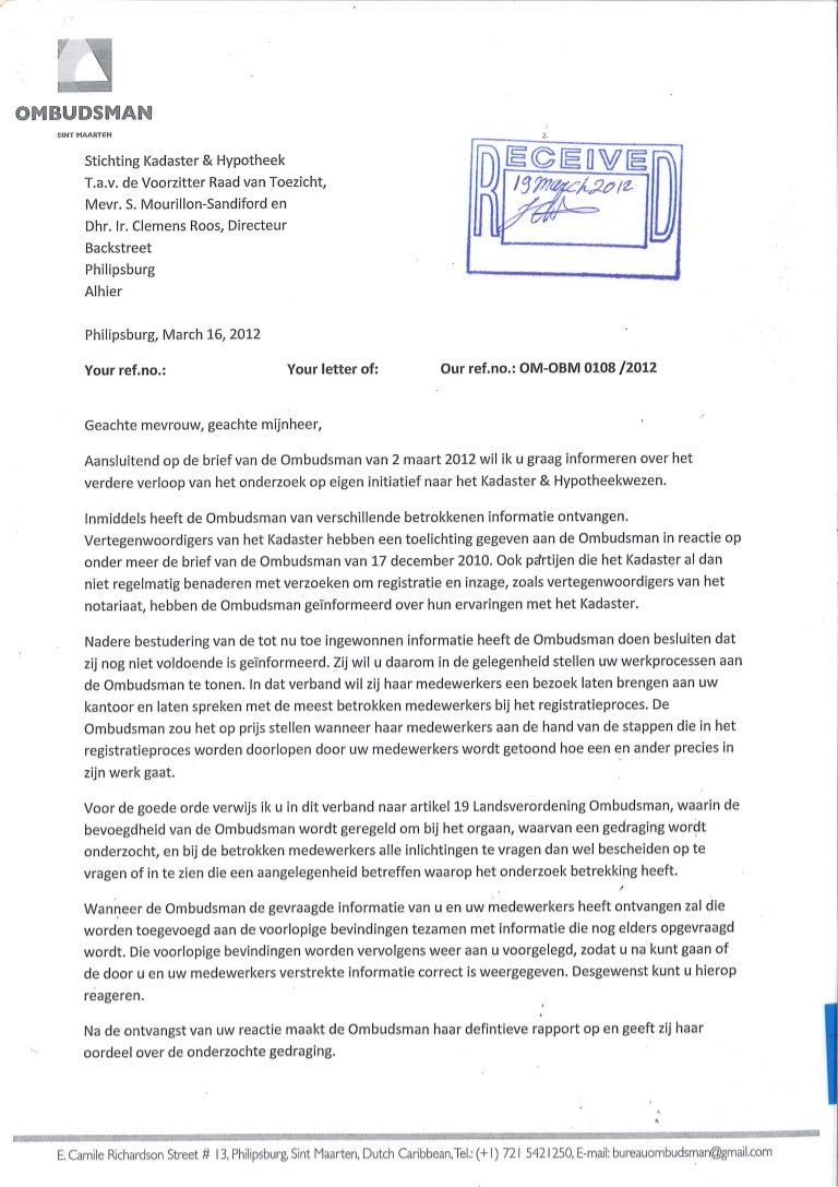 Ombudsman Recieves Letter On Kadaster & Public Registries