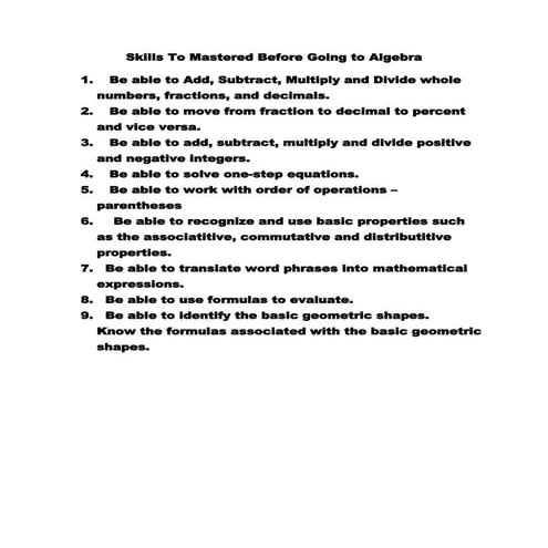 Skills to mastered before going to algebra | PDF