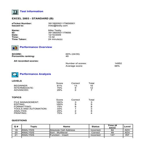 Skill Test Example Excel 2003 Standard | PDF