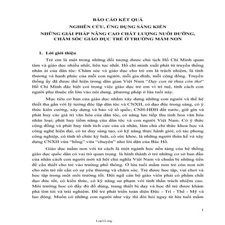 SKKN Những giải pháp nâng cao chất lượng nuôi dưỡng, chăm sóc giáo dục trẻ ở trường mầm non thị ...