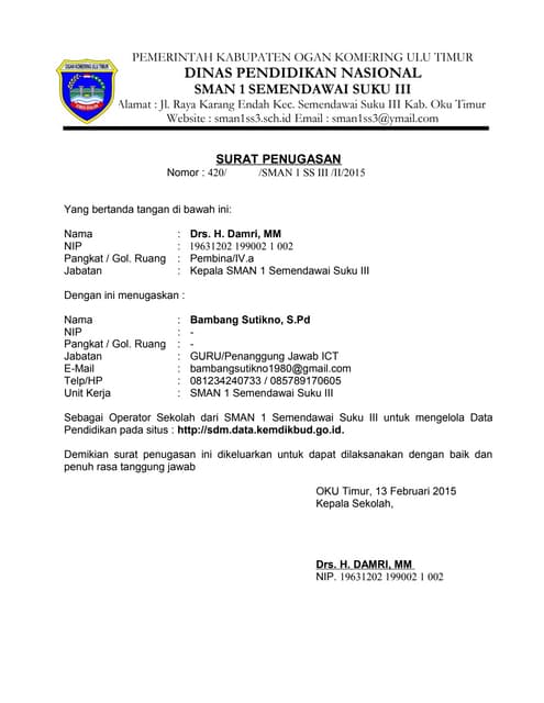 Contoh sk tugas penugasan operator sekolah di sdm 2015 | DOC
