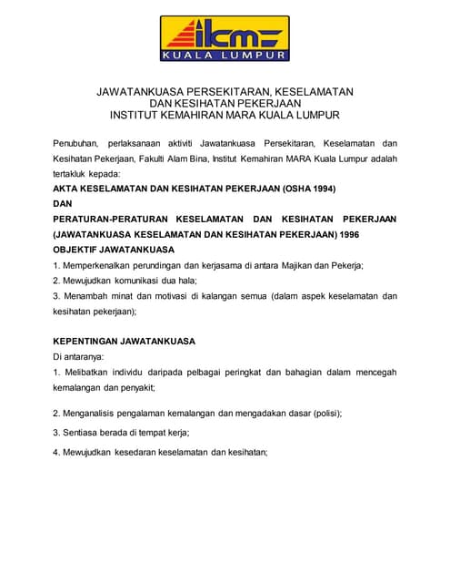 SAFETY HEALTH COMMITTEE IN WORKPLACE JKKP 1996 | PPTX