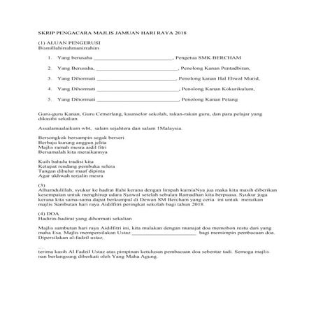 Skrip pengacara majlis jamuan hari raya 2018 | DOC
