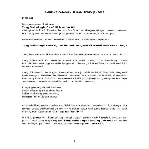 Skrip temasya sukan tahunan skdk 2 2019 | DOCX