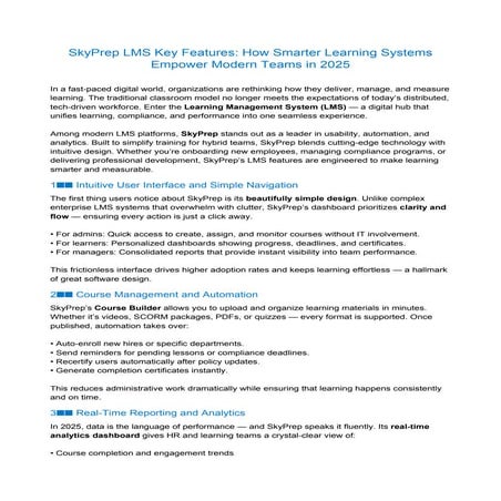 SkyPrep LMS Key Features: The 2025 Guide to Smarter Employee Training | PDF