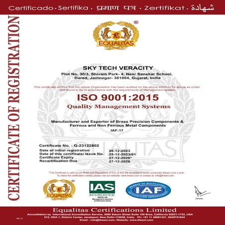 Sky Tech veracity ISO 9001 Quality Management System | PDF