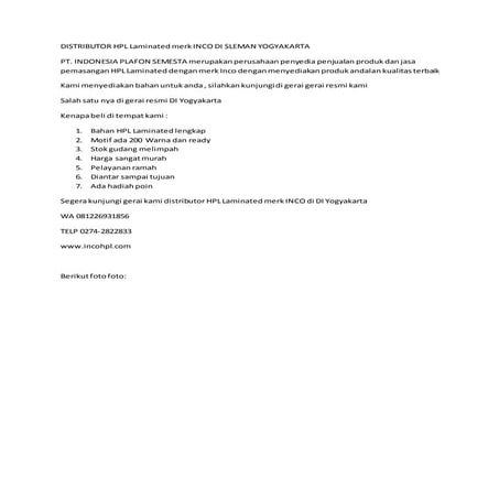 DISTRIBUTOR HPL Laminated merk INCO DI MATARAM LOMBOK | DOCX