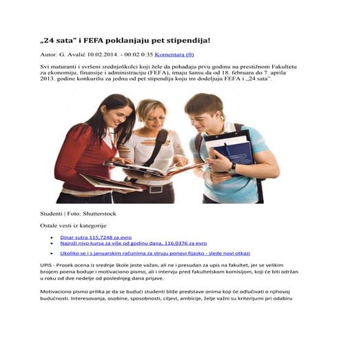 FEFA i 24 sata poklanjaju 5 stipendija, 24 sata, 10. 2. 2014. | DOC