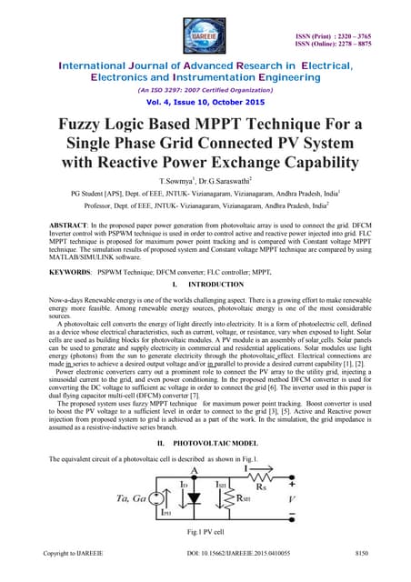 Fuzzy Logic Based Mppt Technique For A Single Phase Grid Connected Pv