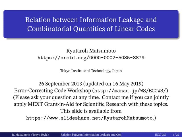 Relation Between Information Leakage And Combinatorial Quantities Of Linear Codes Ppt