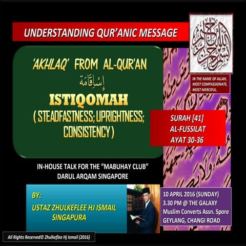 [Slideshare] tadzkirah-april-2016-akhlaq-in-qur'an- istiqomah-[q-fussilat-41-3-36) | PPT