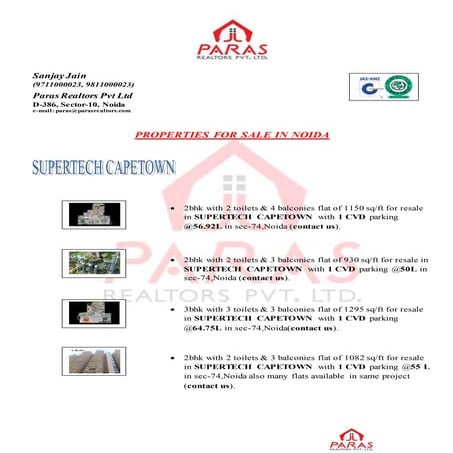 Flats for Resale in SUPERTECH CAPETOWN SEC-74, Noida. | PDF