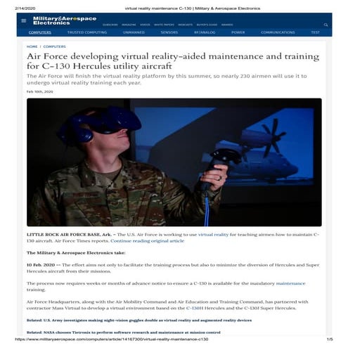 Air Force developing virtual reality-aided maintenance and training for C-130 Hercules utility ...