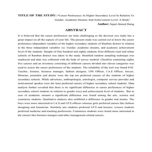 ABSTRACT: Career Preferences At Higher Secondary Level In Relation To ...