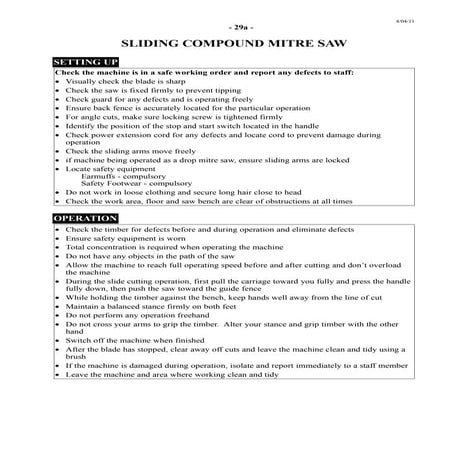 Sliding compound mitre saw safety sheet | DOC