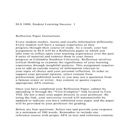 SLS 1000, Student Learning Success 1 Reflection Pape.docx