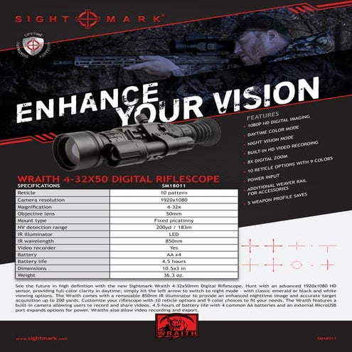 Specification Sheet | Sightmark Wraith 4-32x50 | Optics Trade | PDF