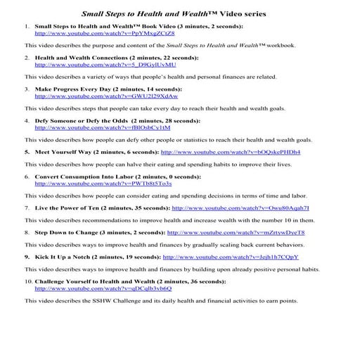 Small Steps to Health and Wealth Video Series Links and Descriptions 07 ...