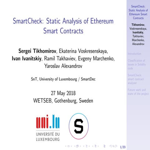 Smartcheck: Static Analysis of Ethereum Smart Contracts | PDF