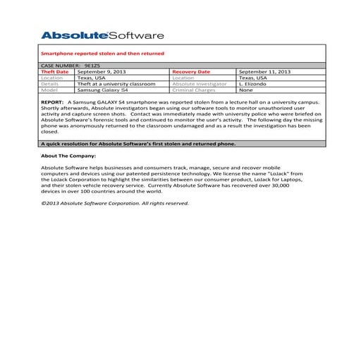 Smartphone Theft Recovery Cases from Absolute Software – Case Number ...