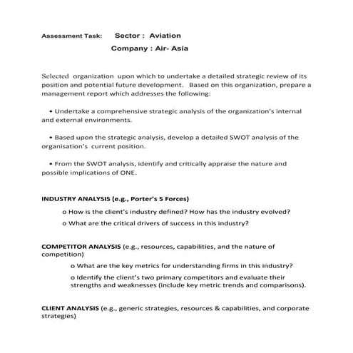 1. Conduct a SWOT analysis on your chosen airline. o Con | DOCX