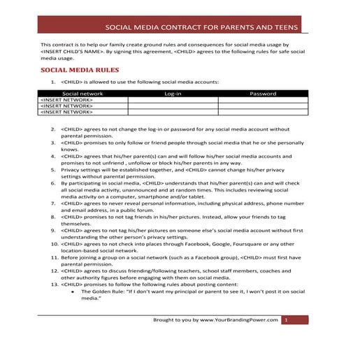 Social media contract for parents and teens | DOCX