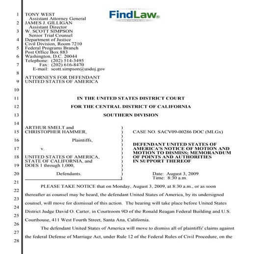 FindLaw | Justice Dept. Motion to Dismiss Defense of Marriage Act | PDF