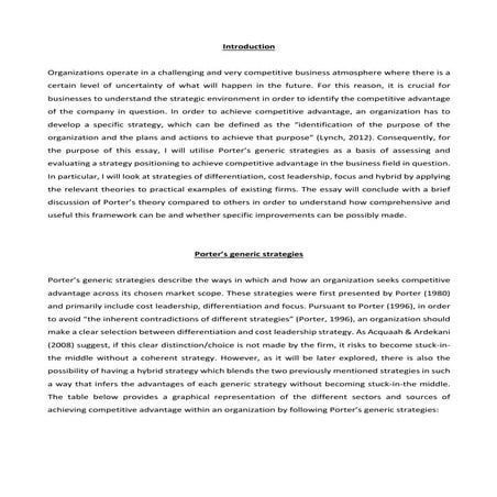 Strategic Management Essay — Porter's Generic Strategies and Strategic ...