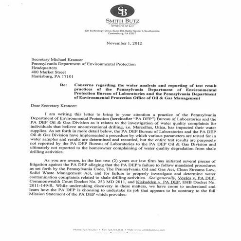Letter to PA DEP about Water Testing Practices with Regard to Shale ...