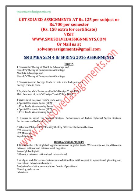 Smu mba sem 4 ib winter 2016 assignments | DOCX