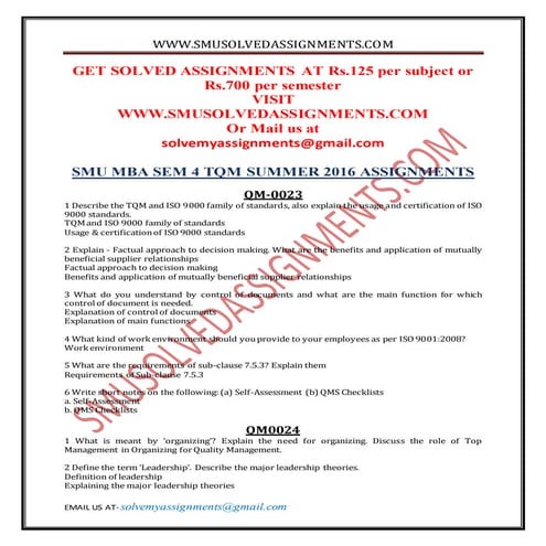 Smu mba sem 4 tqm fall 2016 assignments | PDF
