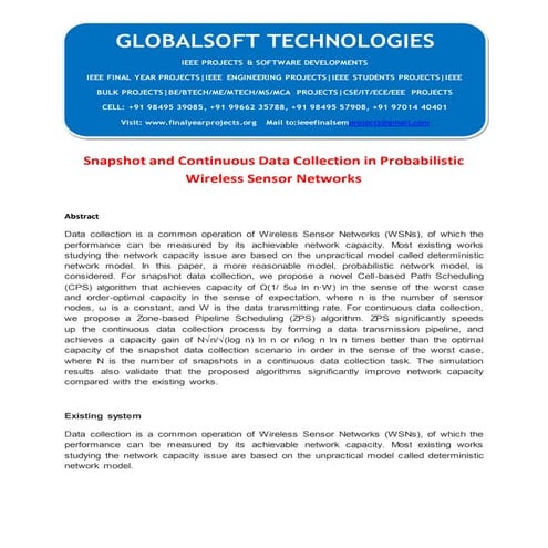 IEEE 2014 JAVA NETWORKING PROJECTS Snapshot and continuous data collection in probabilistic ...