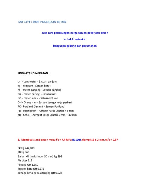 AHS pekerjaan beton SNI 7394-2008 | PDF