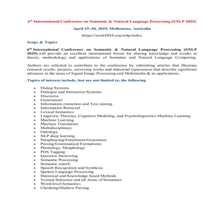 CFP-6th International Conference on Semantic & Natural Language Processing (SNLP 2025) | PDF