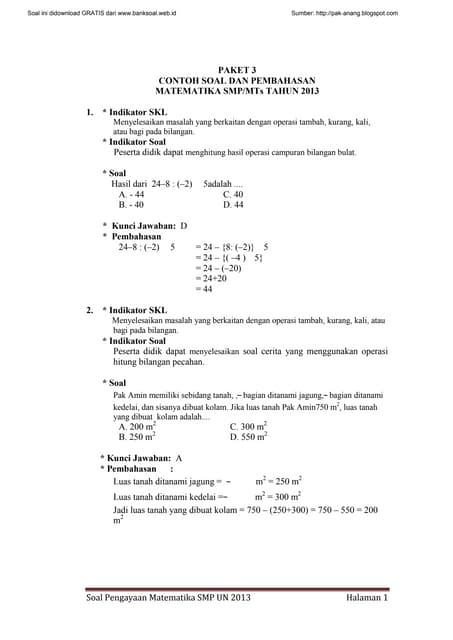 Latihan soal ujian nasional matematika sd | PDF