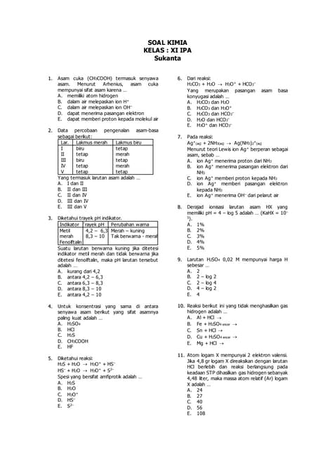 Soal Ulangan Tengah Semester Genap Kimia Kelas XI | PDF