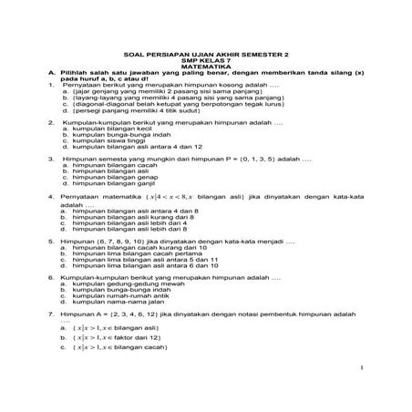 Soal matematika-kelas-vii-smp-persiapan-ujian-akhir-semester-2x1 | PDF