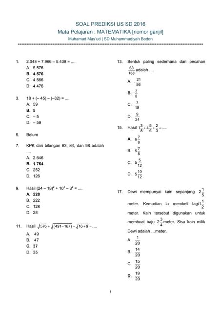 Latihan soal ujian nasional matematika sd | PDF