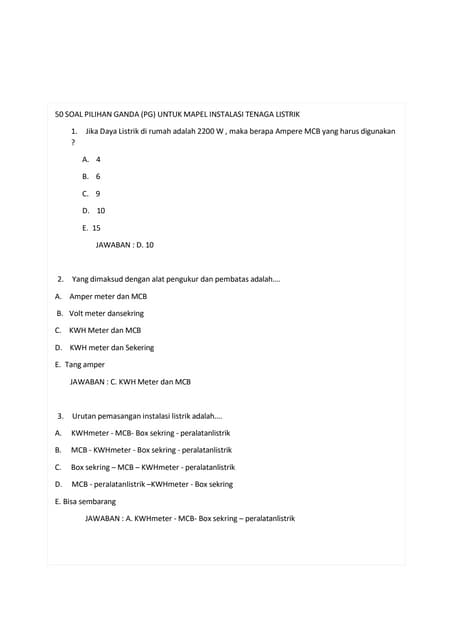 Soal latihan instalasi listrik kunci | PDF