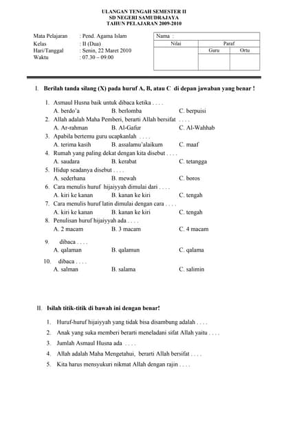 Soal ujian mid semester ganjil 2012 2013 kls 1 dan 2 | PDF