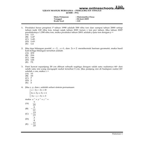 Soal umb-matematika-dasar-2009-110 | PDF
