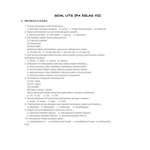 Soal uts ipa kelas vii | DOCX