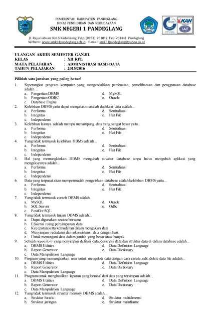 Contoh soal uts perancangan basis data | PDF