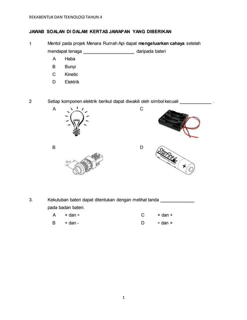Kertas Soalan Reka bentuk teknologi Tahun 4 | DOCX