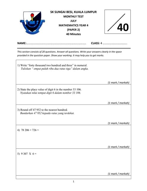 Mathematics exam paper year 5(dlp) | DOCX