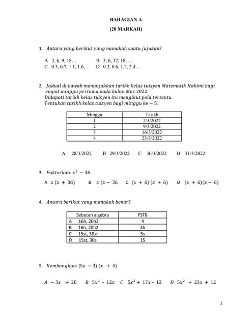 Penilaian kurikulum 1matematik f2 | PDF